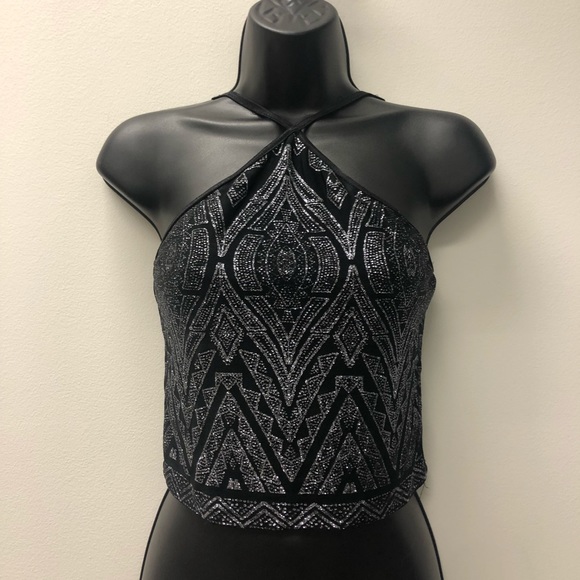 Tops | Glamorous Black Sparkle Halter Crop Top | Poshmark
